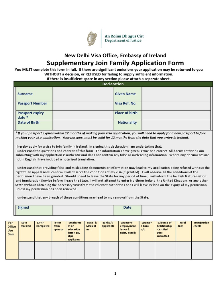 Supplementary Join Family Application Form: New Delhi Visa Office ...