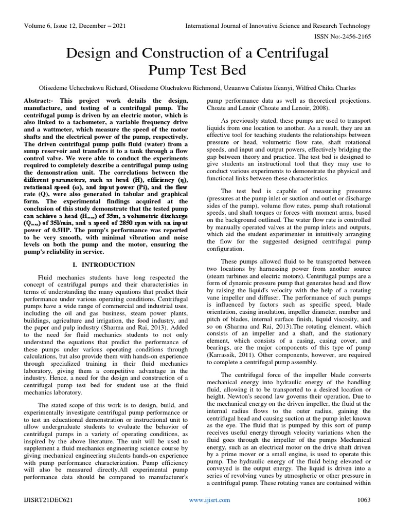 Design and Construction of A Centrifugal Pump Test Bed | PDF | Pump ...