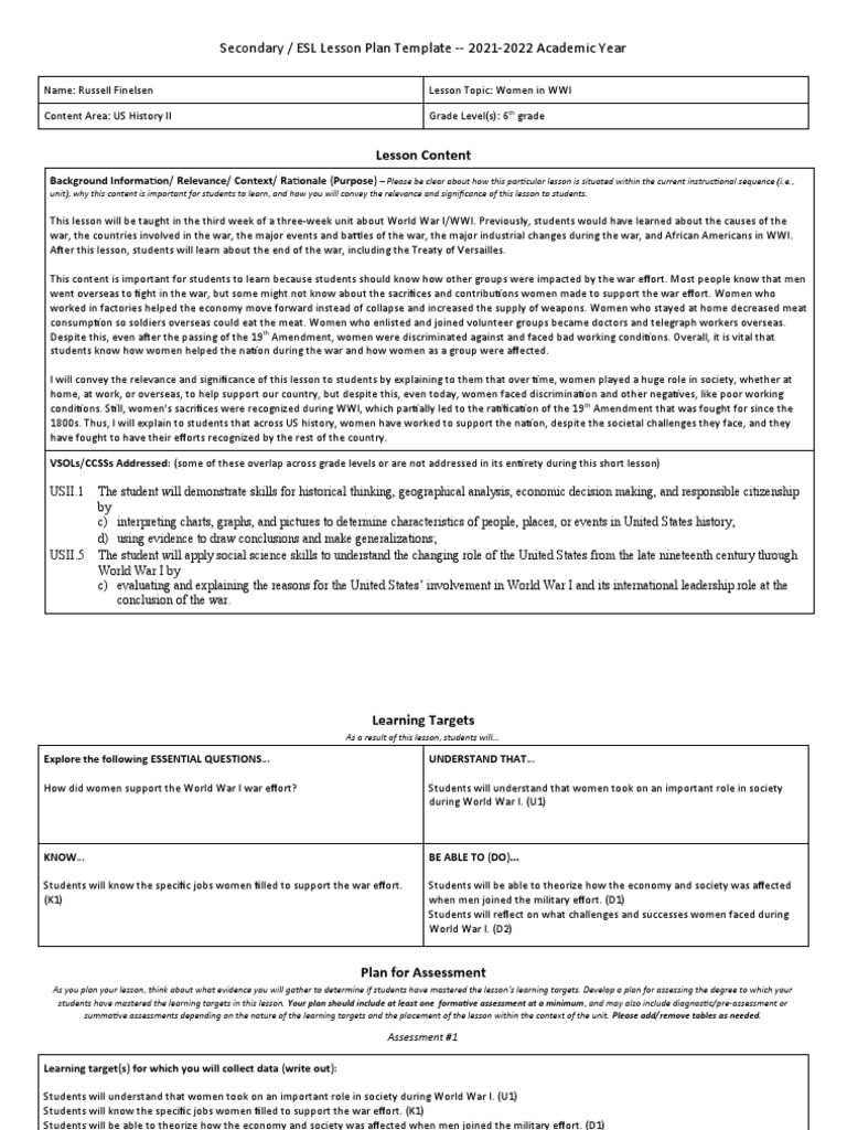 Women in Wwi Lesson Plan | PDF | Cognition | Learning