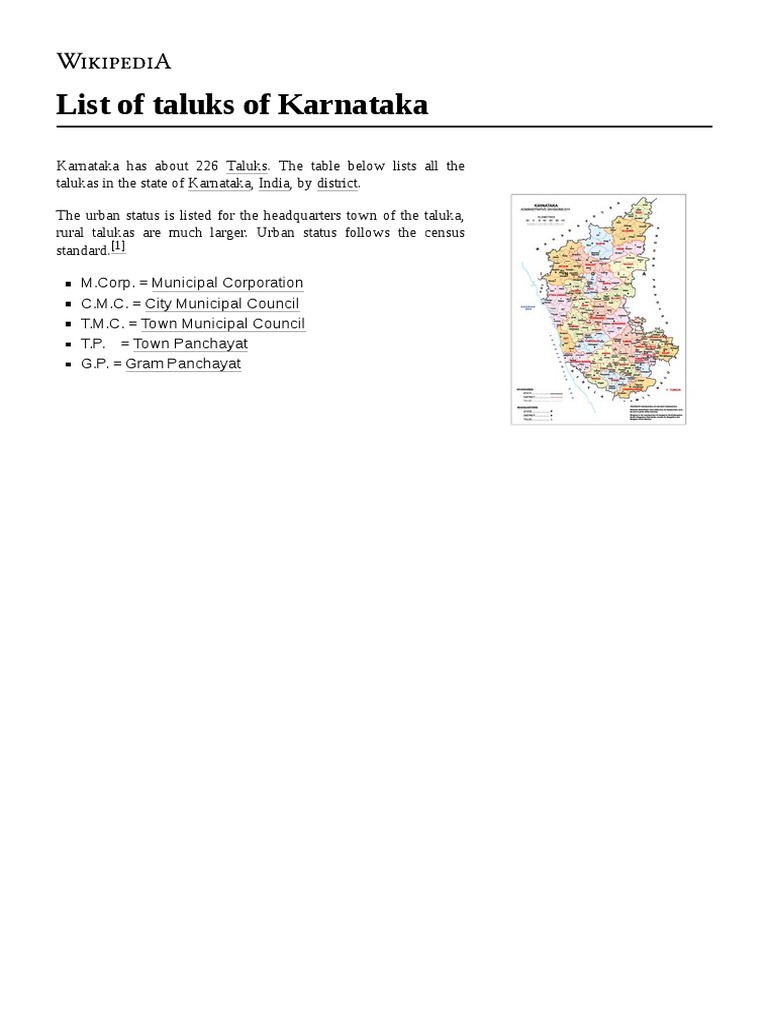 Taluks of Karnataka: Complete List | PDF | Bangalore | Government