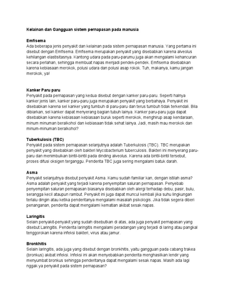 Kelainan Dan Gangguan Sistem Pernapasan Pada Manusia | PDF Kelainan Dan Gangguan Sistem Pernapasan Pada Manusia | PDF