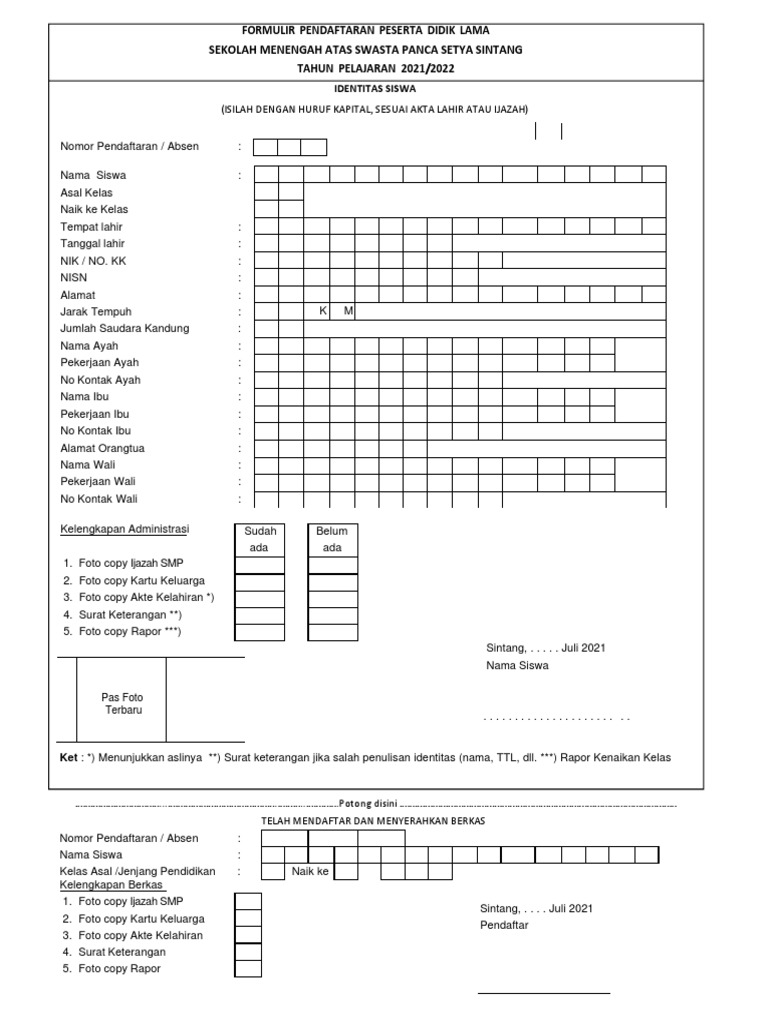 Form Daftar Ulang Siswa Lama KLS Xi Dan Xii PDF | PDF