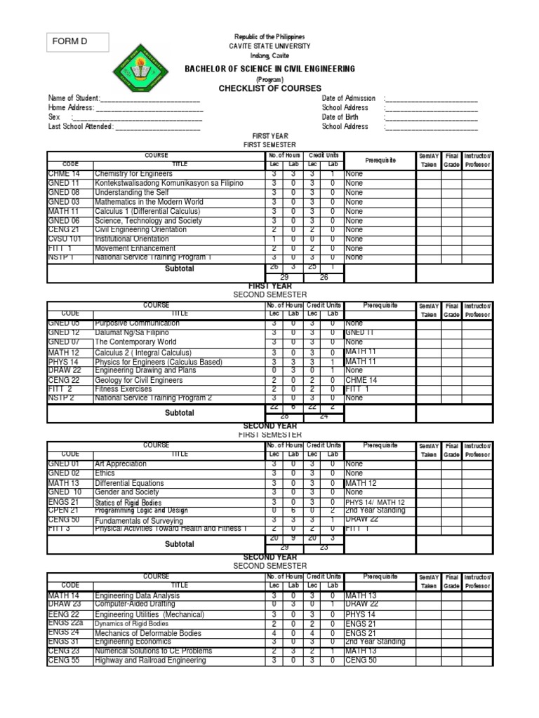 Form D Checklist of Courses BSCE July 20I8 | PDF | Engineering ...