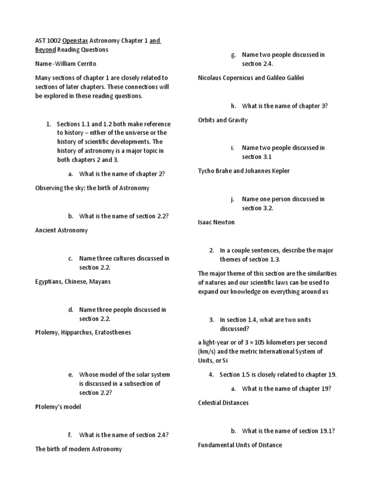 AST 1002 Openstax Chapter 1 Reading Questions (1) Completed | PDF ...