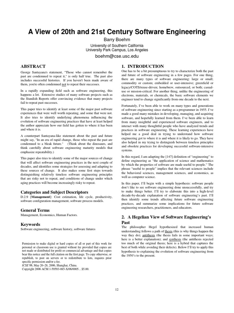 1 - BOEHM - A View of 20th and 21st Century Software Engineering - 2006 | PDF | Software ...