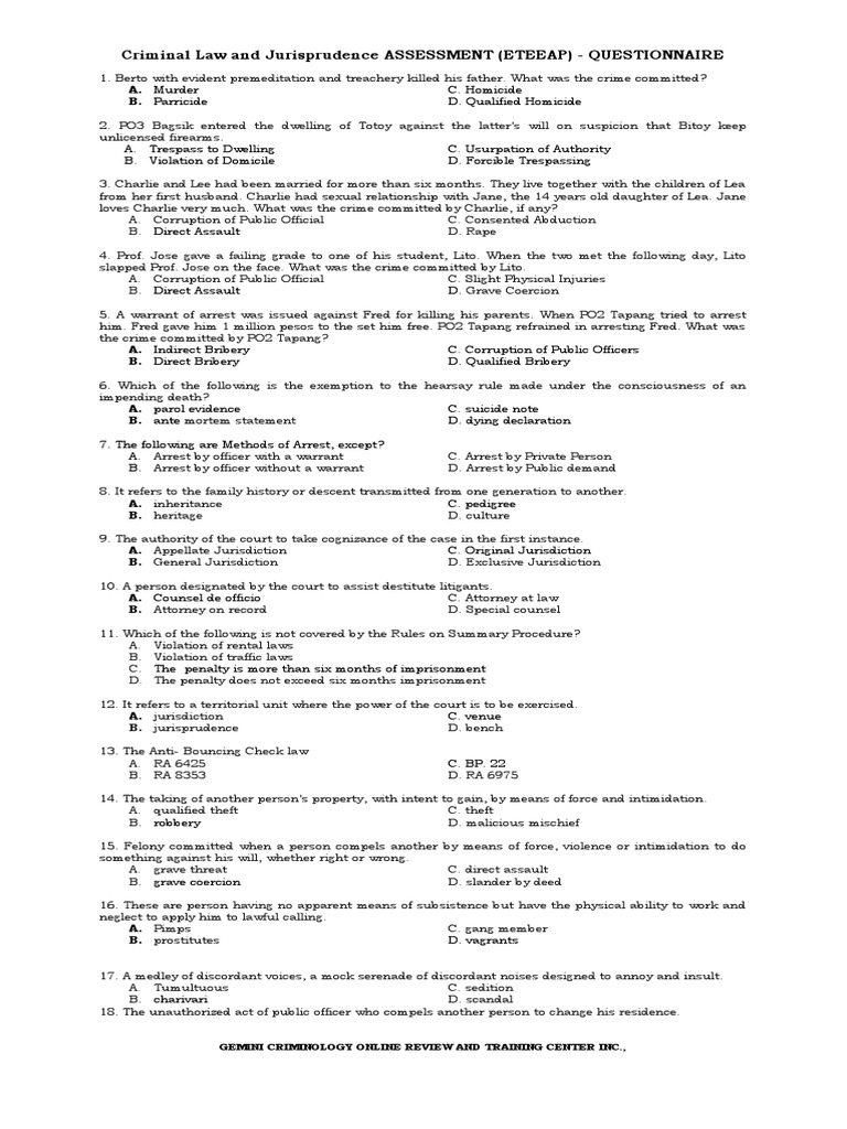 Criminal Law Assessment Questionnaire | PDF | Evidence (Law) | Evidence