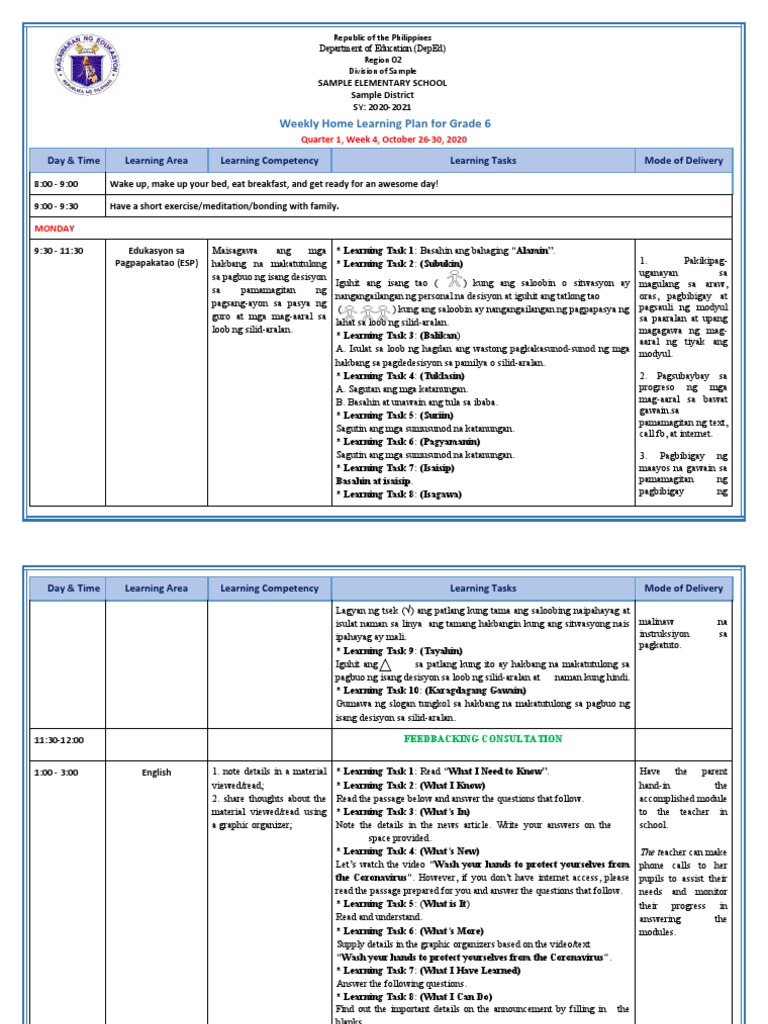 Grade 6 - All Subjects - WHLP - Q1 - W4 | PDF