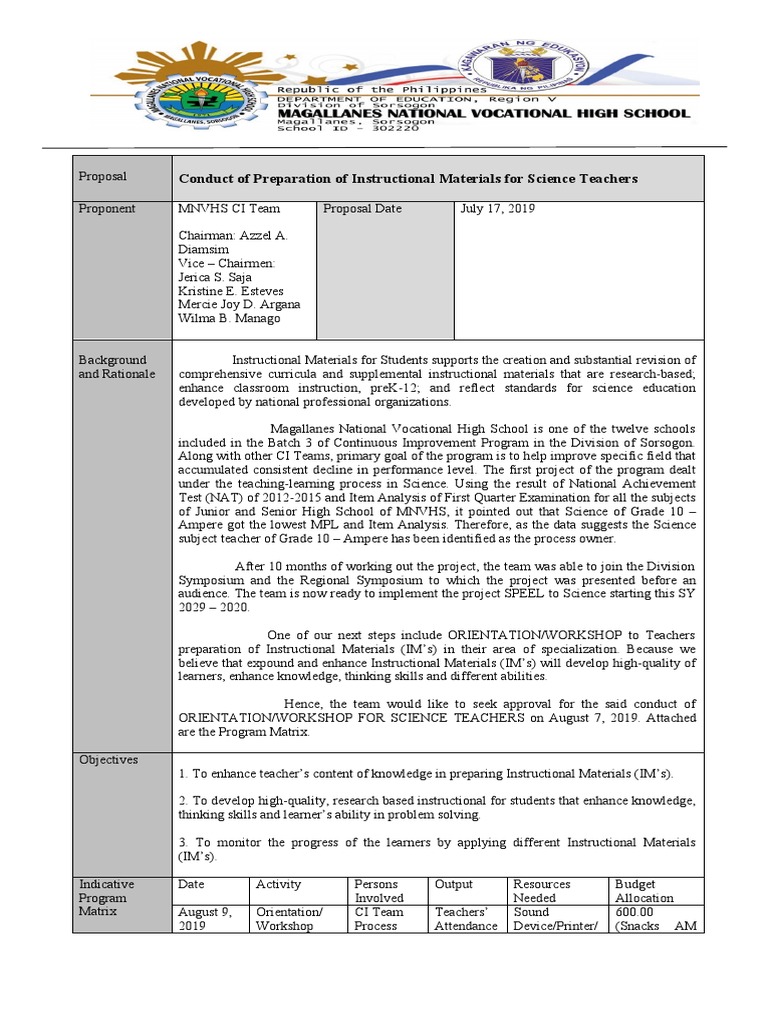Proposal For IM's Preparation | PDF | Teachers | Science