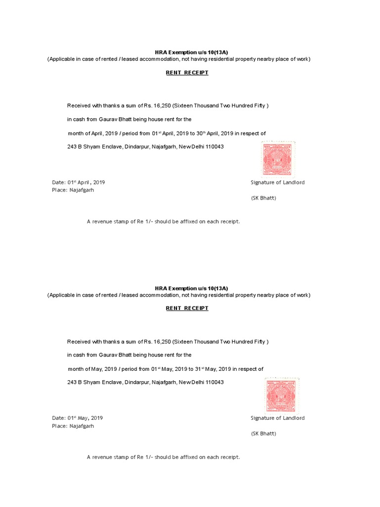 HRA Rent Receipt Format with Stamp | PDF | Landlord | Civil Law (Legal ...