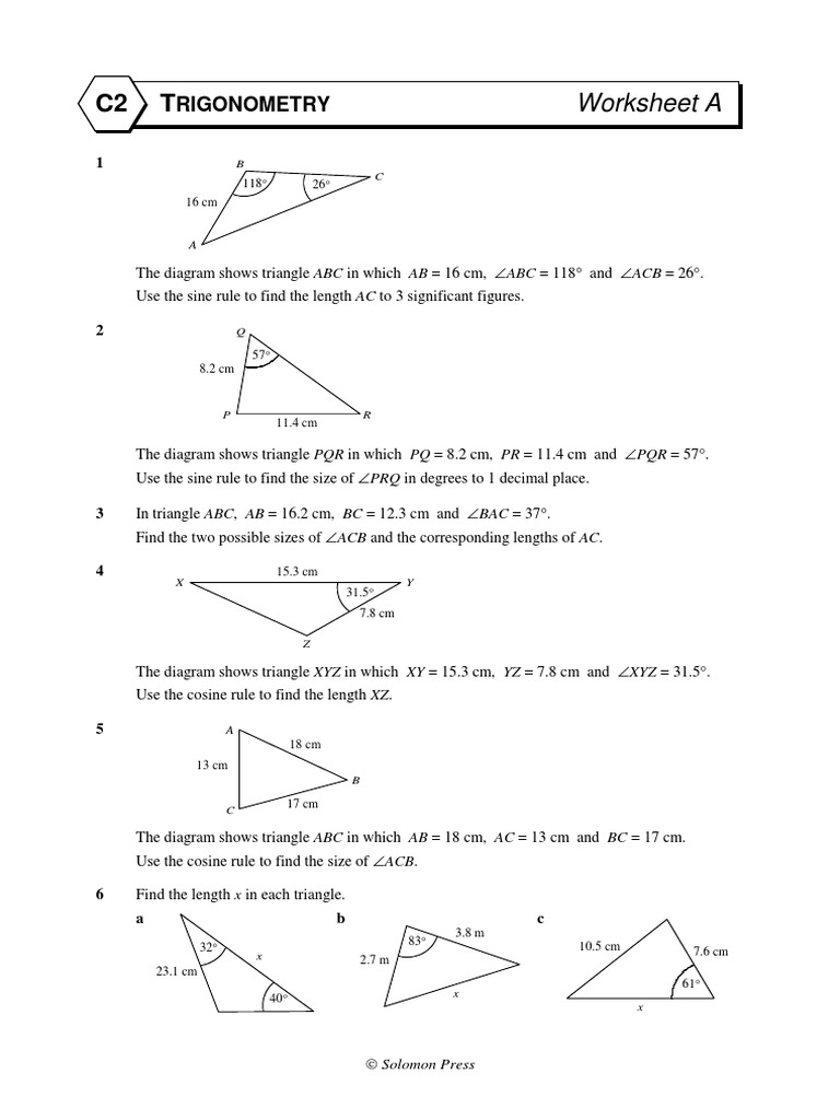 C2 Trigonometry A Sine Cosine And Area Questions Pdf Triangle Sine