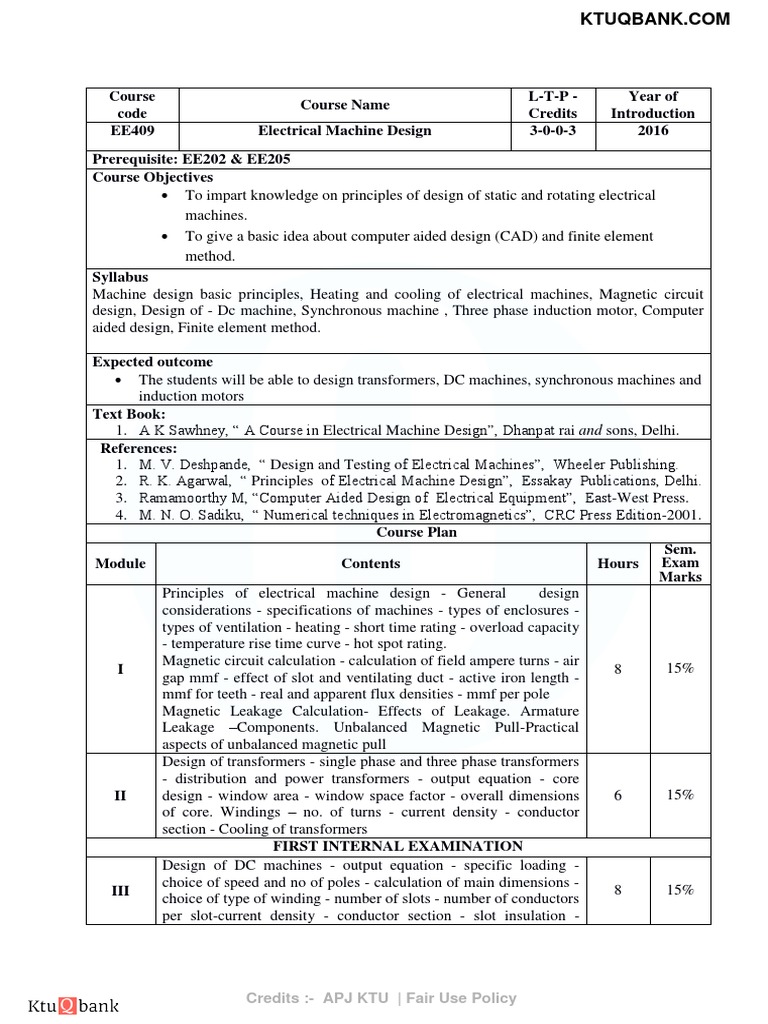 EE409 Electrical Machine Design | PDF | Electrical Engineering ...