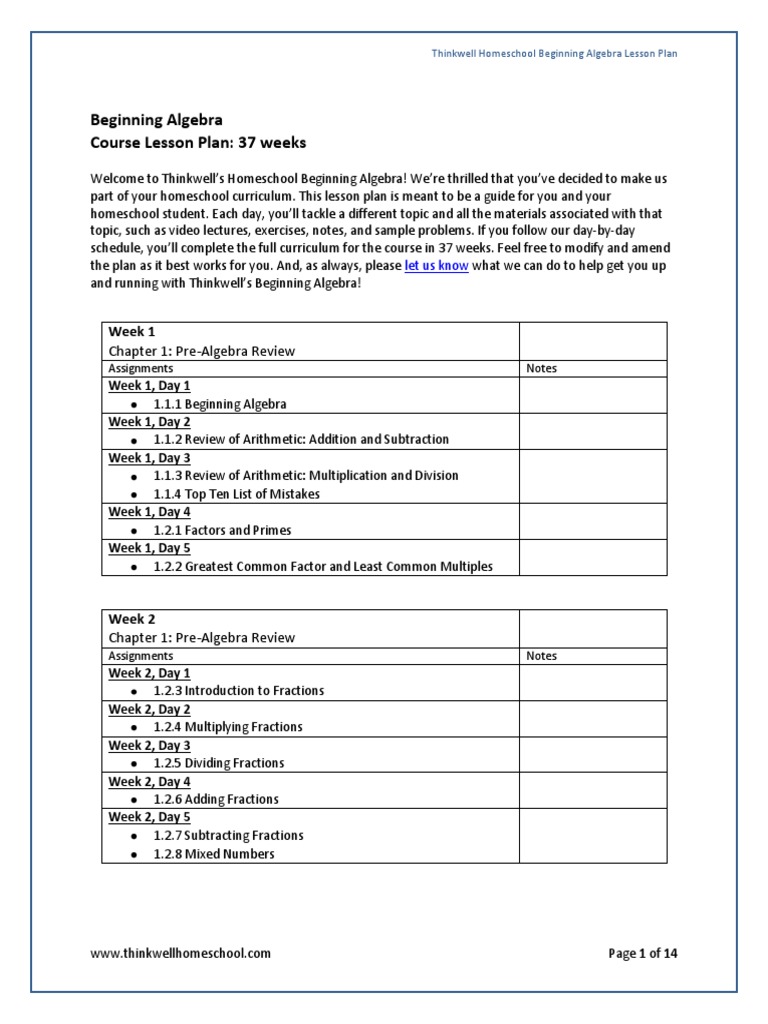 37-Week Beginning Algebra Lesson Plan | PDF | Quadratic Equation ...