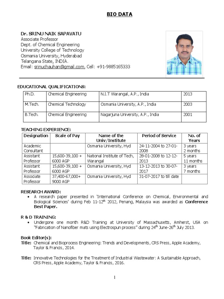 Bio Data-Srinu Naik-Updated | PDF | Engineering | Chemistry