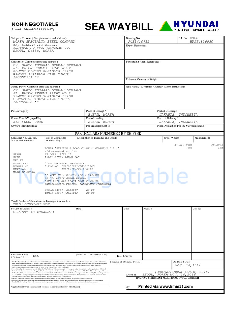 Contoh Master Bill of Lading Hdmubujt4836980 | PDF | Bill Of Lading | Cargo