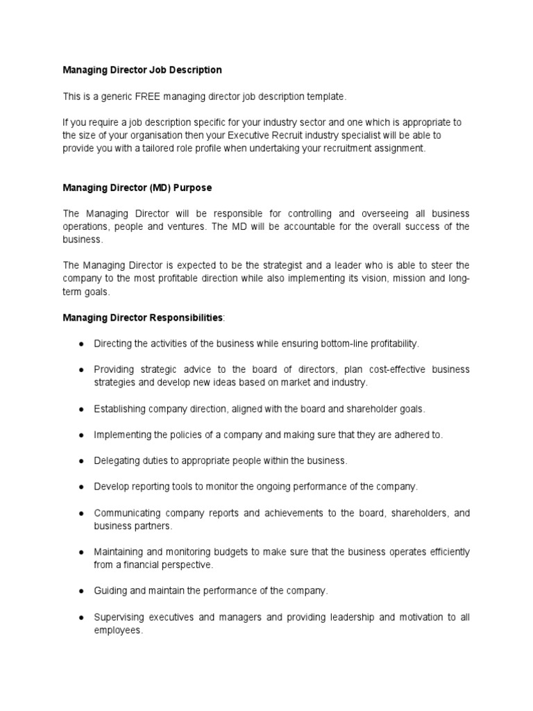 Managing Director Job Description | PDF | Leadership | Goal