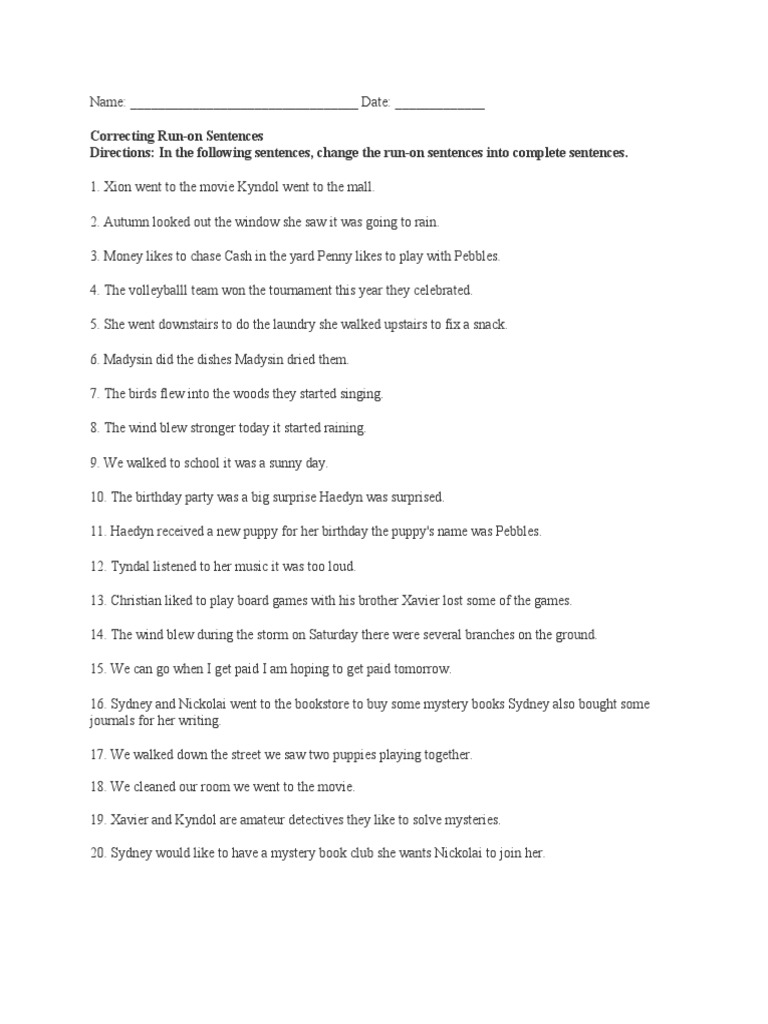 Run-On Sentences Worksheet | PDF