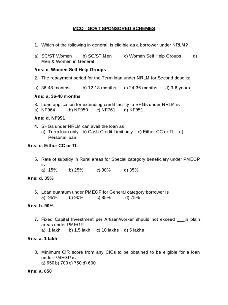 Govt Sponsored Scheme Mcq For Bank Promotion Exam Pdf Loans Credit