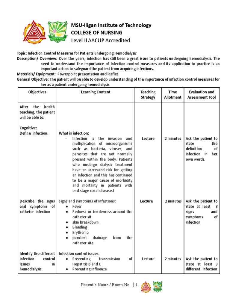 Health Teaching For Infection Control | PDF | Infection | Hemodialysis