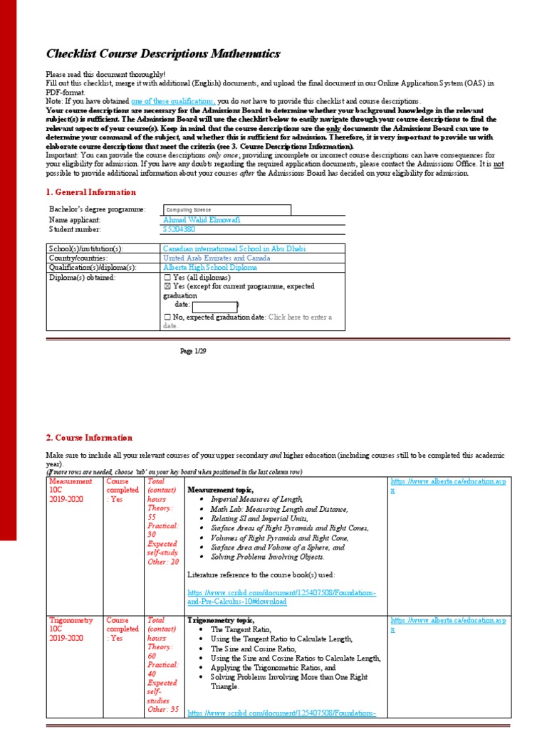 Checklist Course Descriptions Mathematics: One of These Qualifications ...