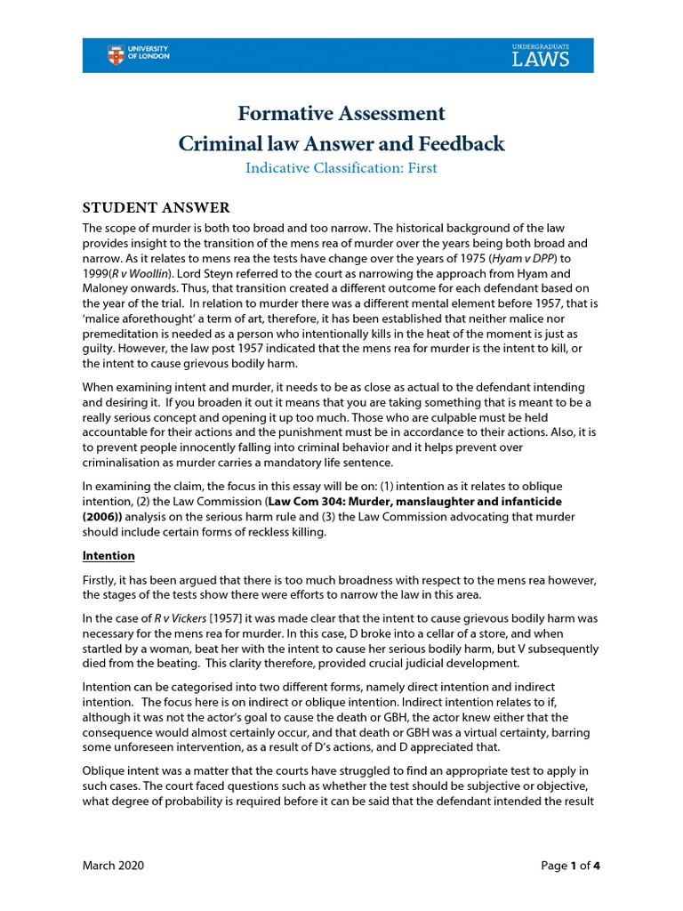 Formative Assessment Criminal Law Answer and Feedback | PDF | Intention ...