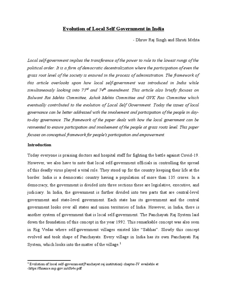 Evolution of Local Self-Government in India | PDF | Politics Of India ...