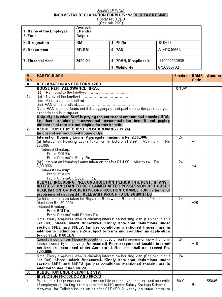 Form No 12BB FY 2020-21 (AY 2021-22) | PDF | Loans | Tax Deduction