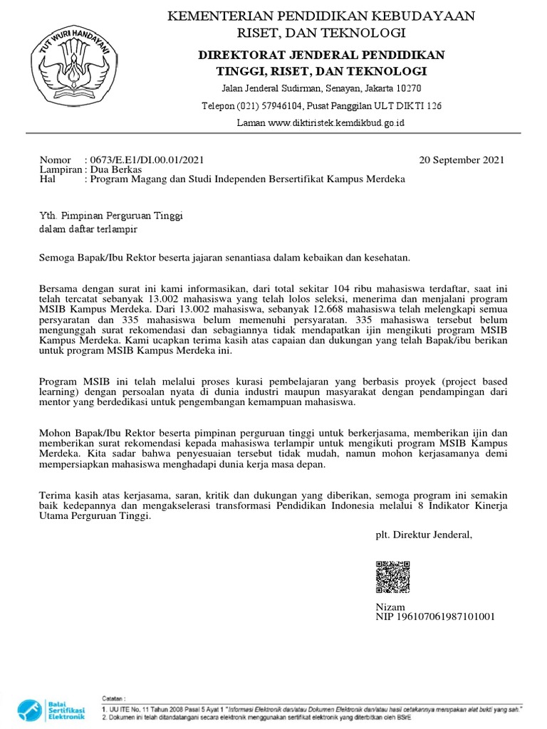 Surat Kepada Perguruan Tinggi Terkait Peserta MSIB Yang Belum Ada Surat ...