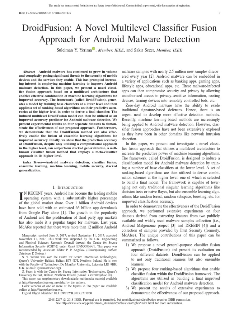 Droidfusion A Novel Multilevel Classifier Fusion Approach For Android