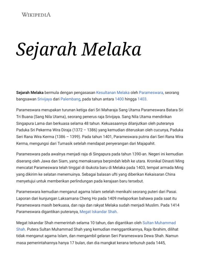 Sejarah Melaka - Wikipedia Bahasa Melayu, Ensiklopedia Bebas | PDF