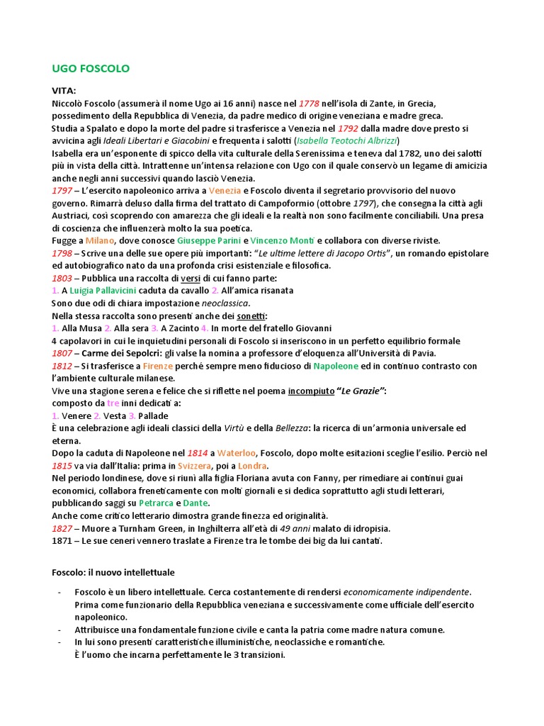 Riassunto Foscolo | PDF