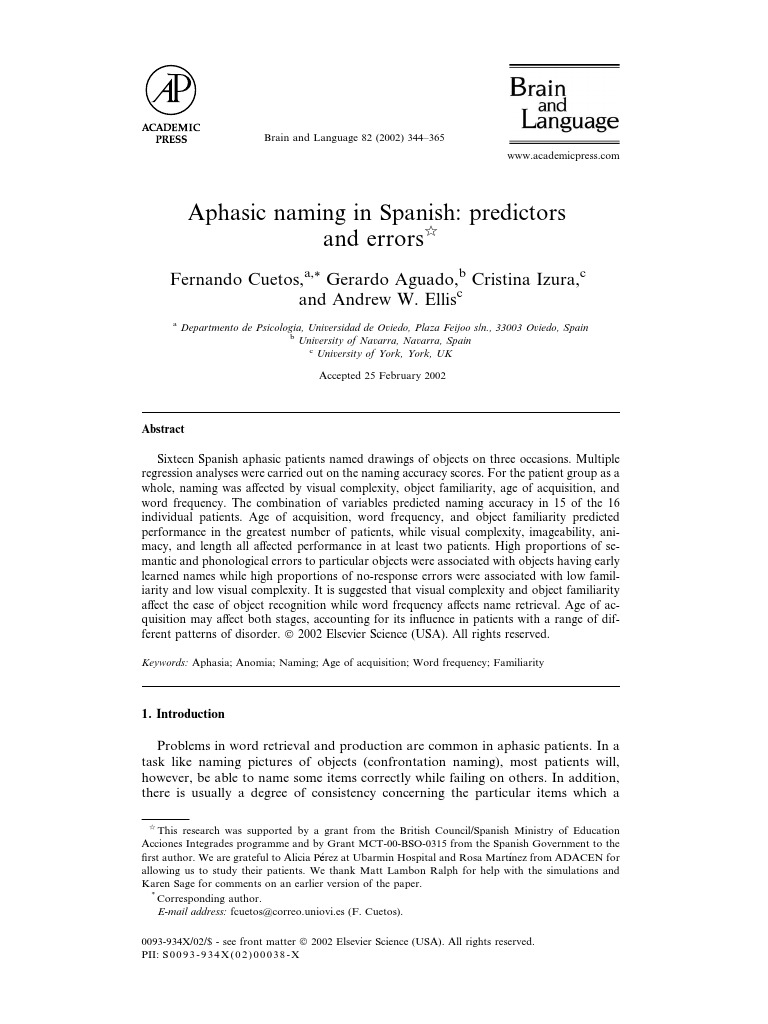 Aphasic Naming in Spanish: Predictors and Errors: Fernando Cuetos, Gerardo Aguado, Cristina ...