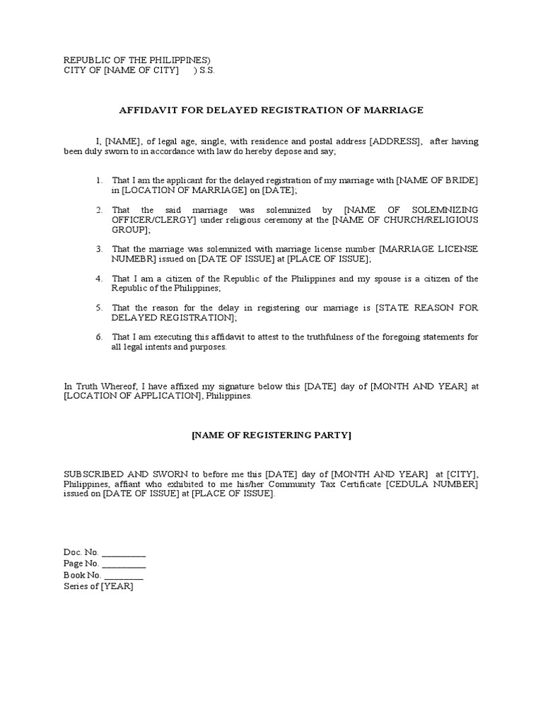 Affidavit For Delayed Registration of Marriage | PDF