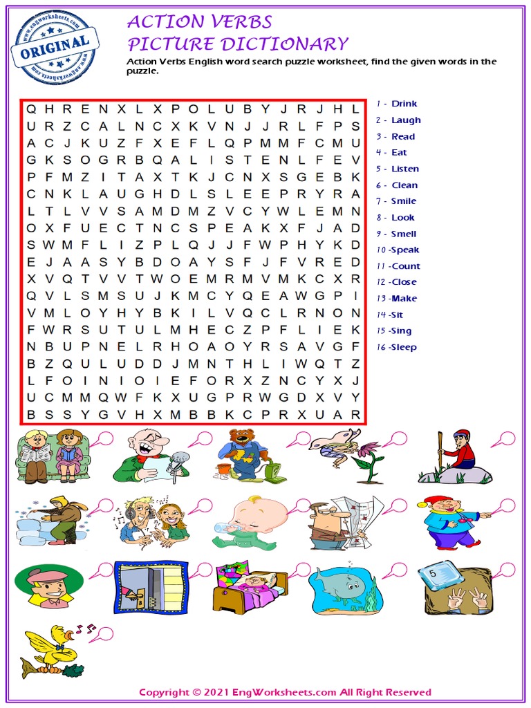 Action Verbs English Word Search Puzzle Worksheet Find The Given Words ...