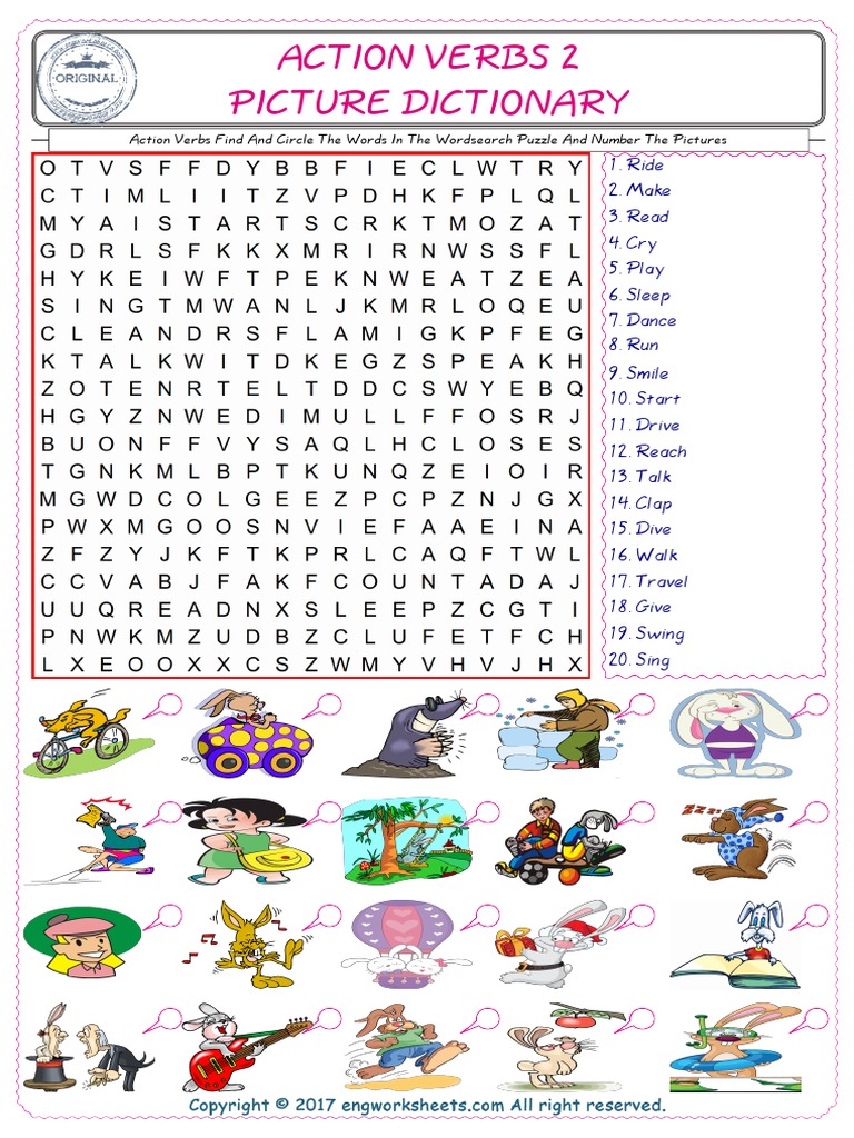 Action Verbs Find and Circle The Words in The Wordsearch Puzzle and ...