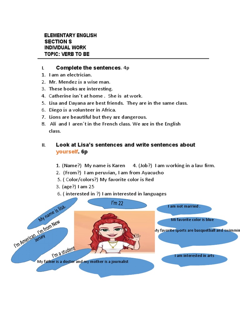 Elementary English Section S Individual Work Topic: Verb To Be Complete ...