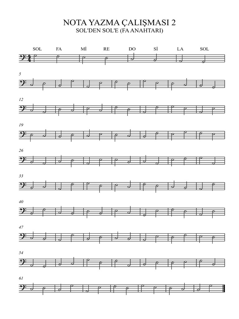 Nota Yazma Çalişmasi 2 Sol'Den Sol'e (Fa Anahtari) | PDF