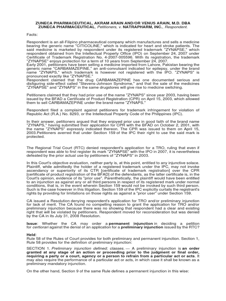 Zuneca L | PDF | Trademark | Injunction