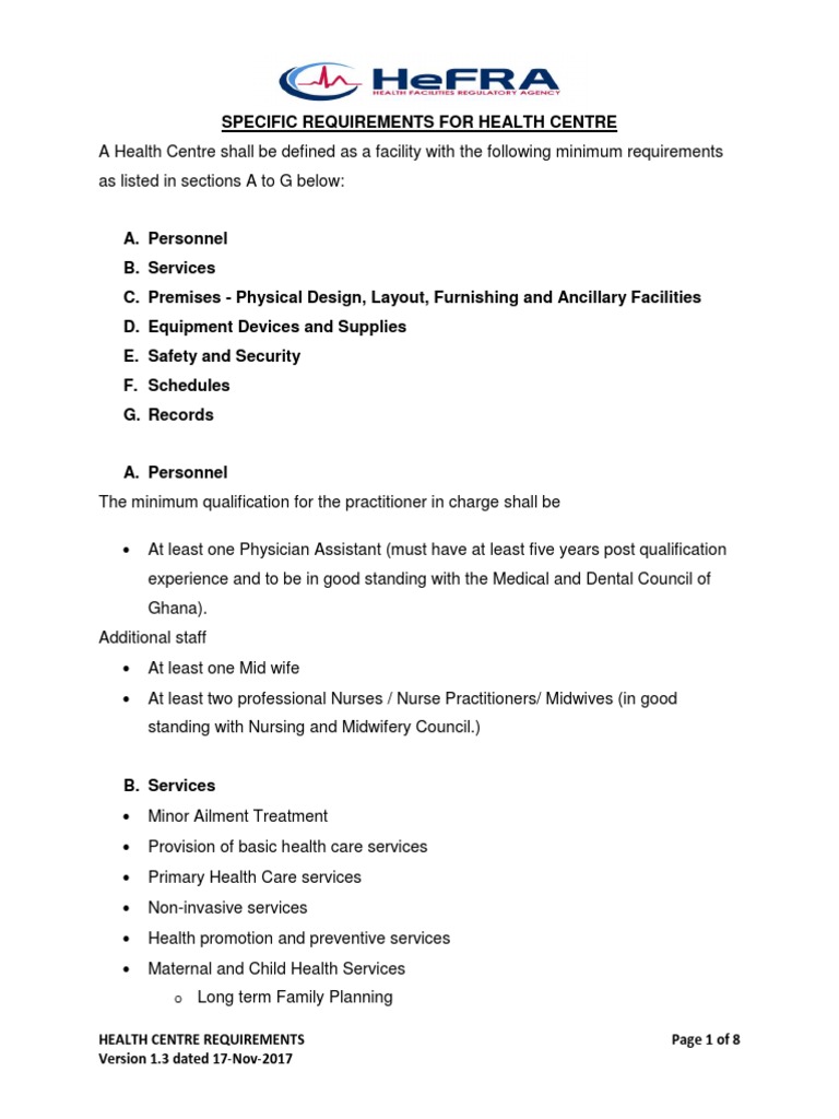 Health Centre Requirements Overview | PDF | Midwife | Health Care