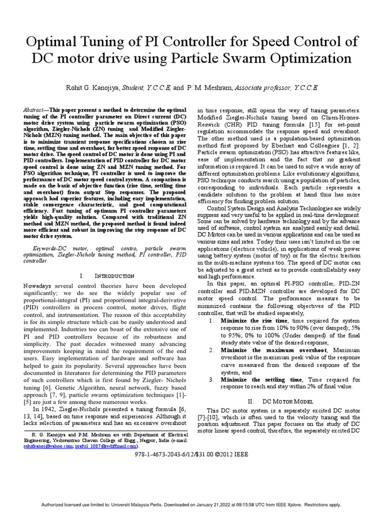 Optimal Tuning Of Pi Controller For Speed Control Of Dc Motor Drive Using Particle Swarm
