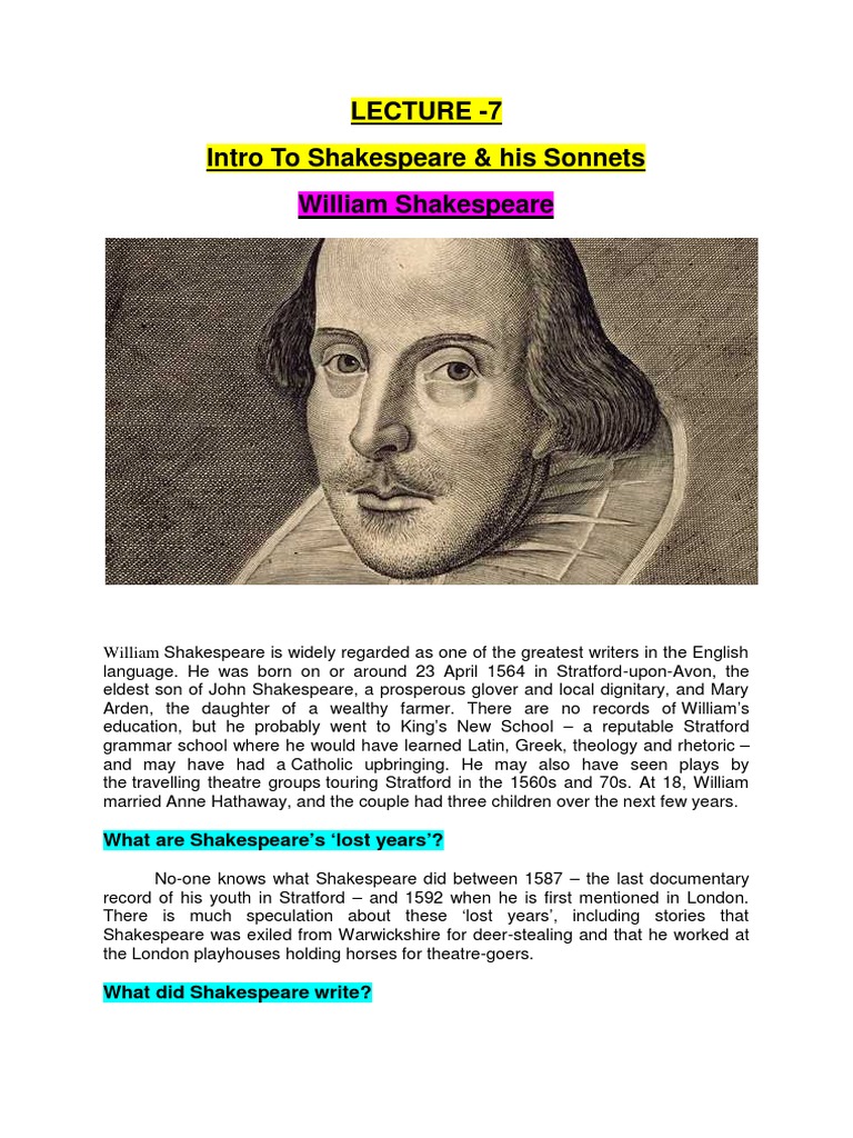 Lecture - 7 Intro To Shakespeare & His Sonnets William Shakespeare ...