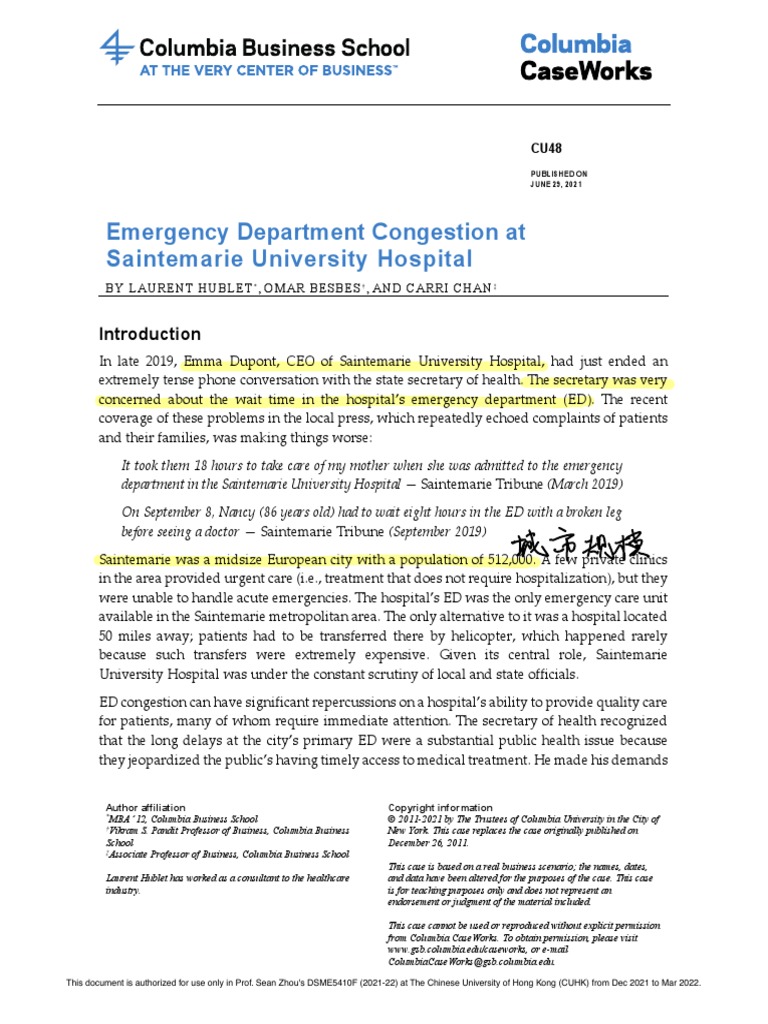 Emergency Department Congestion at Saintemarie University Hospital ...