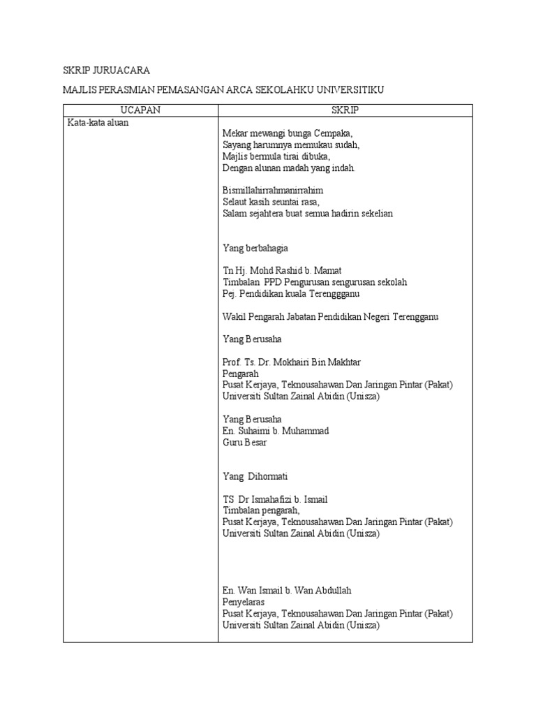 SKRIP MC Majlis Perasmian | PDF