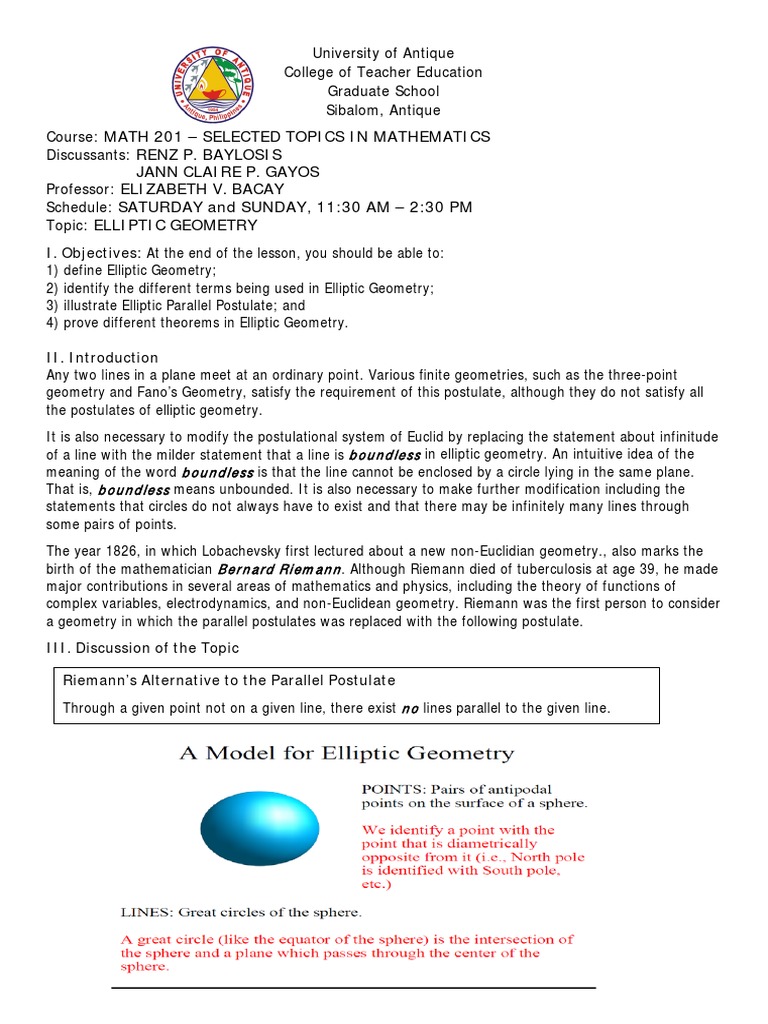 Understanding Elliptic Geometry | PDF | Line (Geometry) | Hyperbolic ...