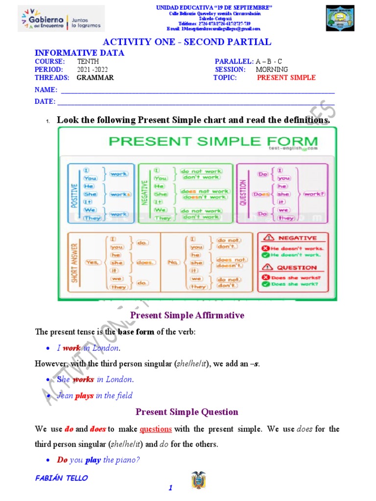 Look The Following Present Simple Chart and Read The Definitions ...
