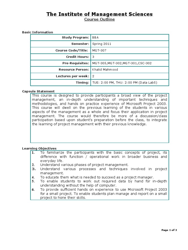 Course Outlines BBA Project Management | PDF | Project Management | Lecture