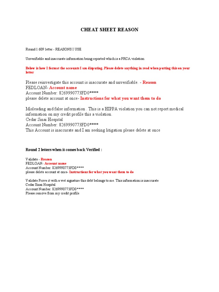 DISPUTE REASONS-CHEAT SHEET | PDF | Credit | Health Insurance ...