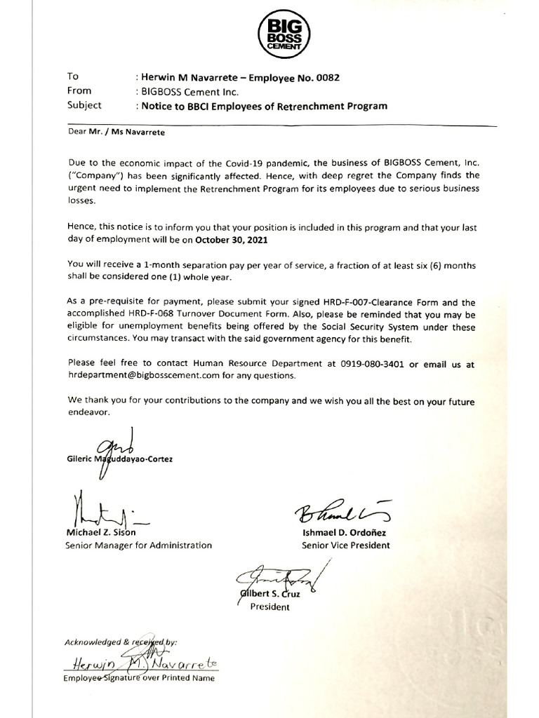 Retrenchment Letter | PDF