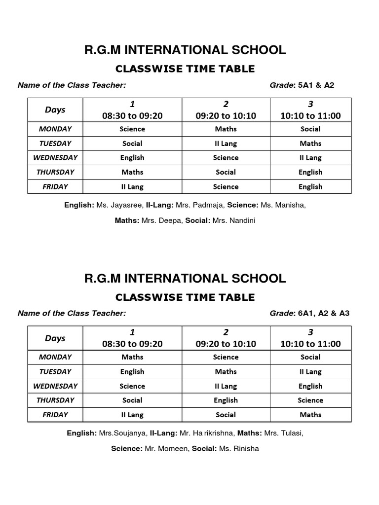Classwise Time Table For 5 To 9 Class | PDF