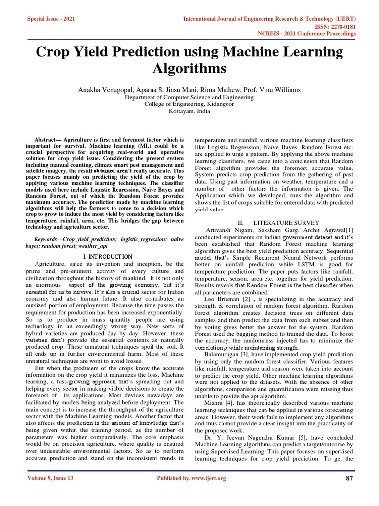 Crop Yield Prediction Using Machine Learning Algorithms ...