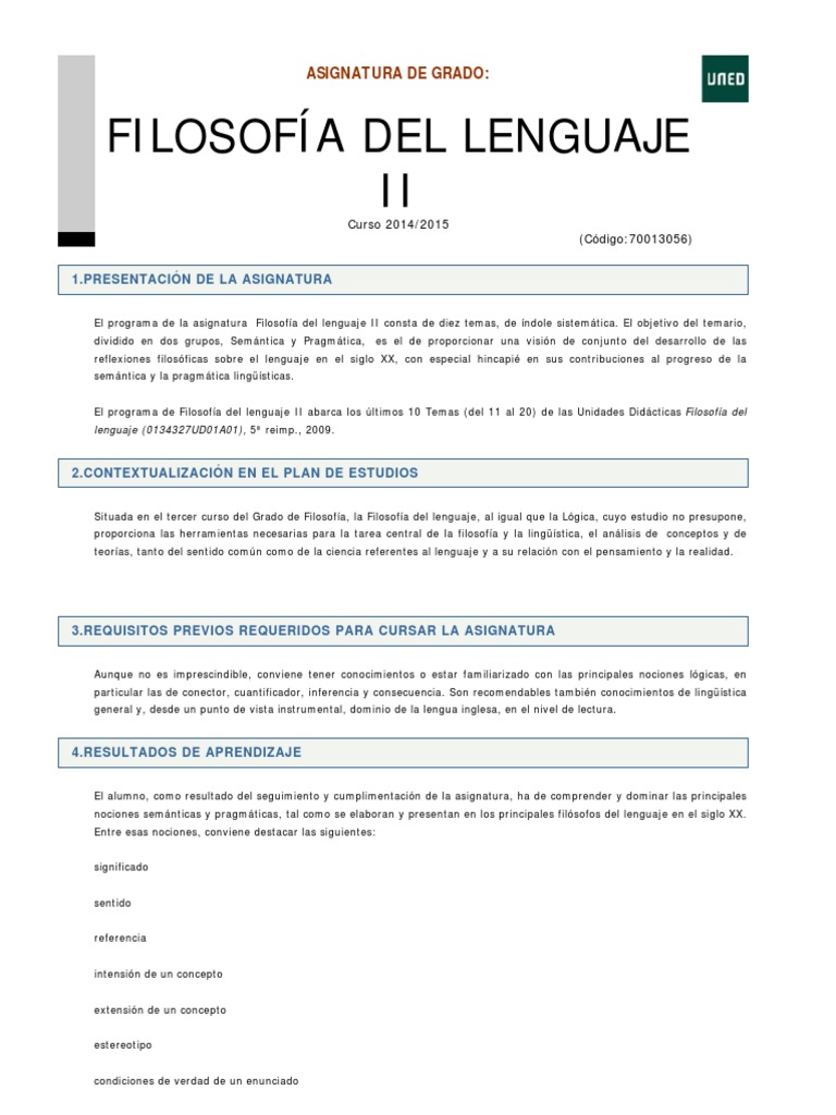 Filosofía del Lenguaje II: Semántica y Pragmática | PDF | Filosofía del ...